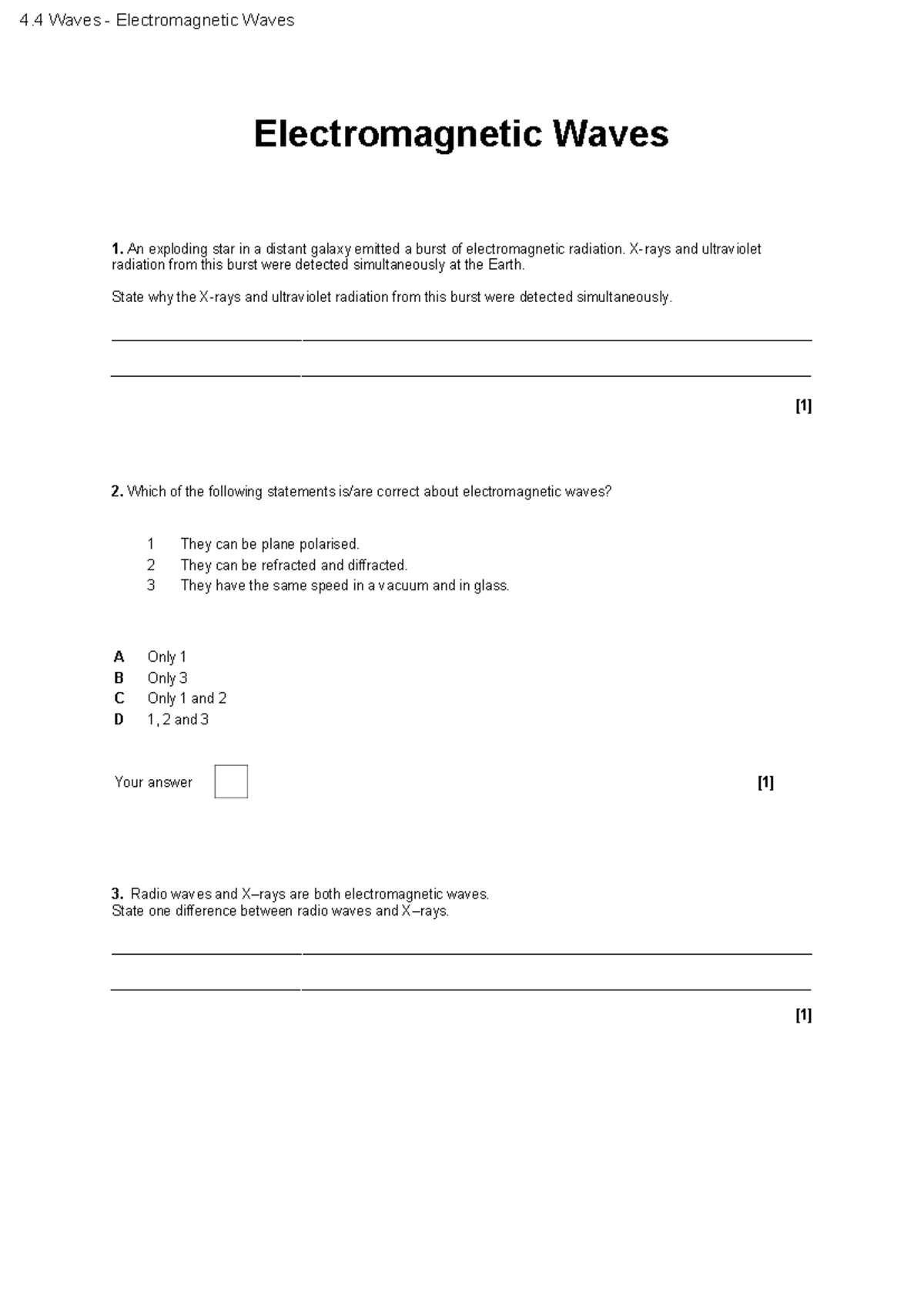 4.4 Waves - Electromagnetic Waves Quiz Paper - Studocu