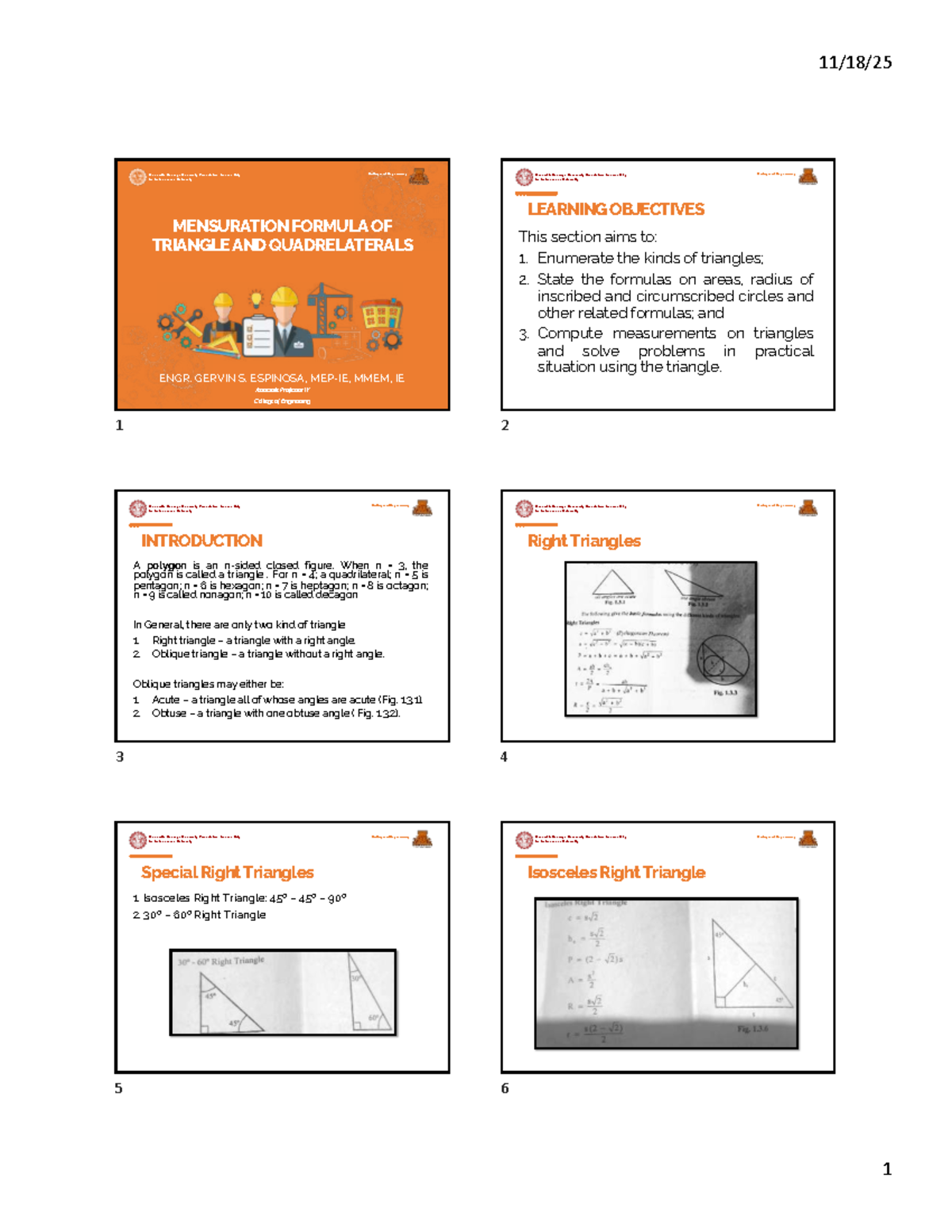 ENGR 101: Mensuration Formulas for Triangles & Quadrilaterals - Studocu