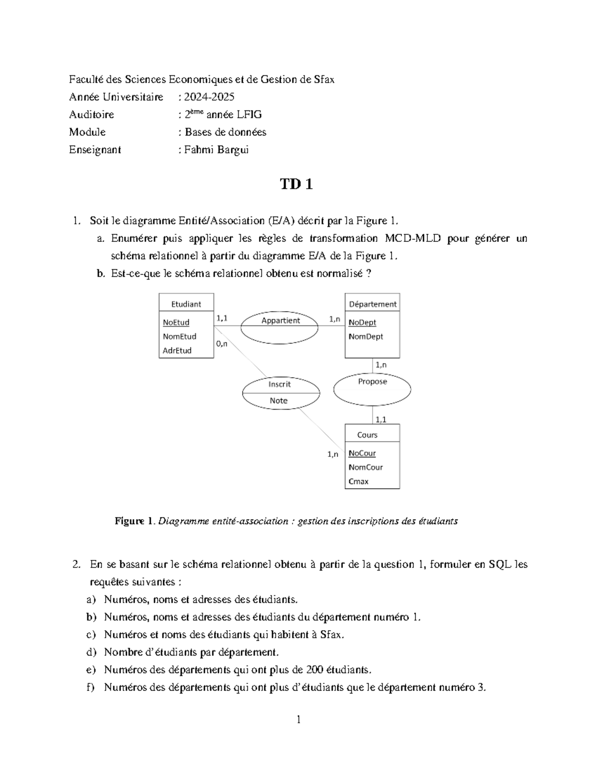 TD1 - Bases de Données: Schéma Relationnel et Requêtes SQL - Studocu