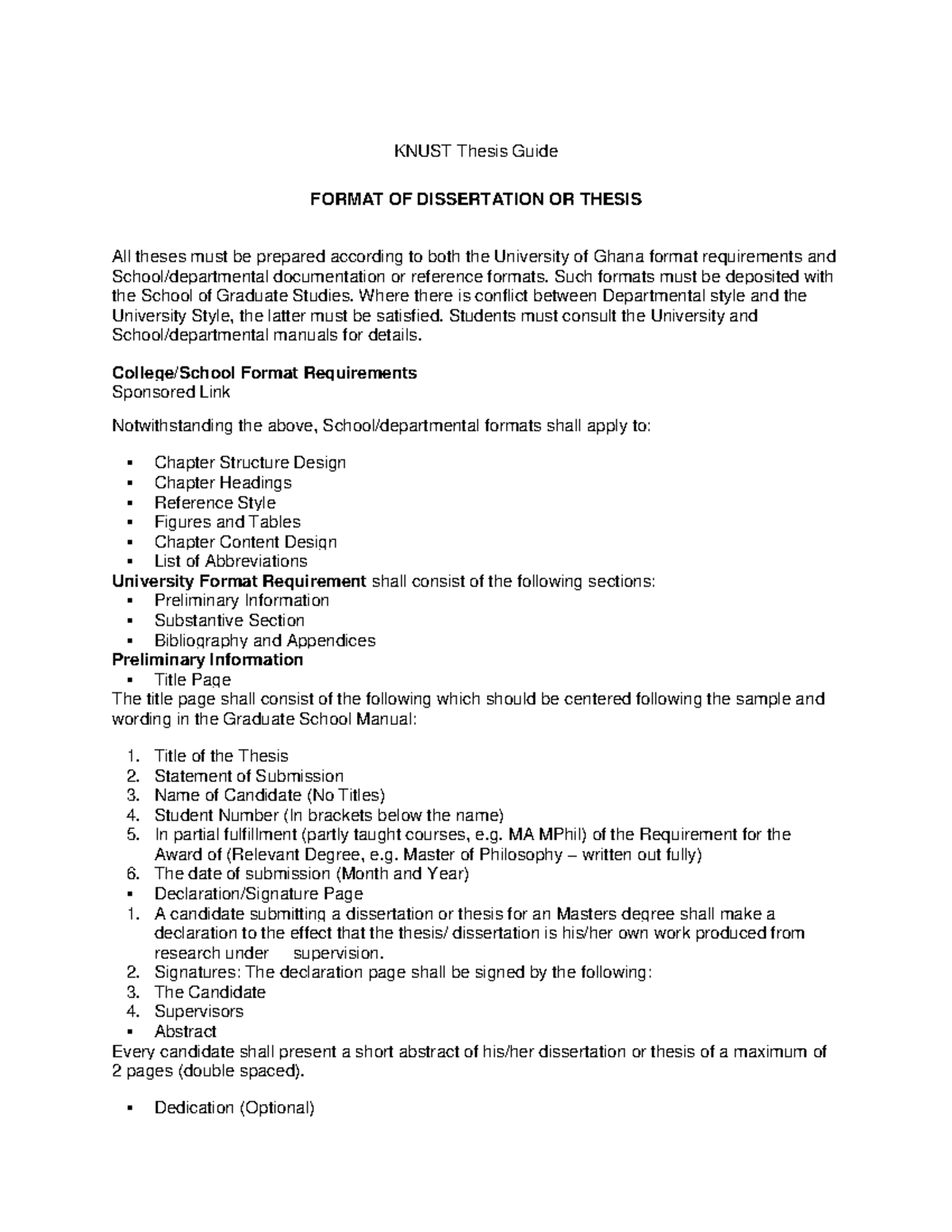 KNUST Thesis Guide: Format and Requirements for Dissertation Submission - Studocu