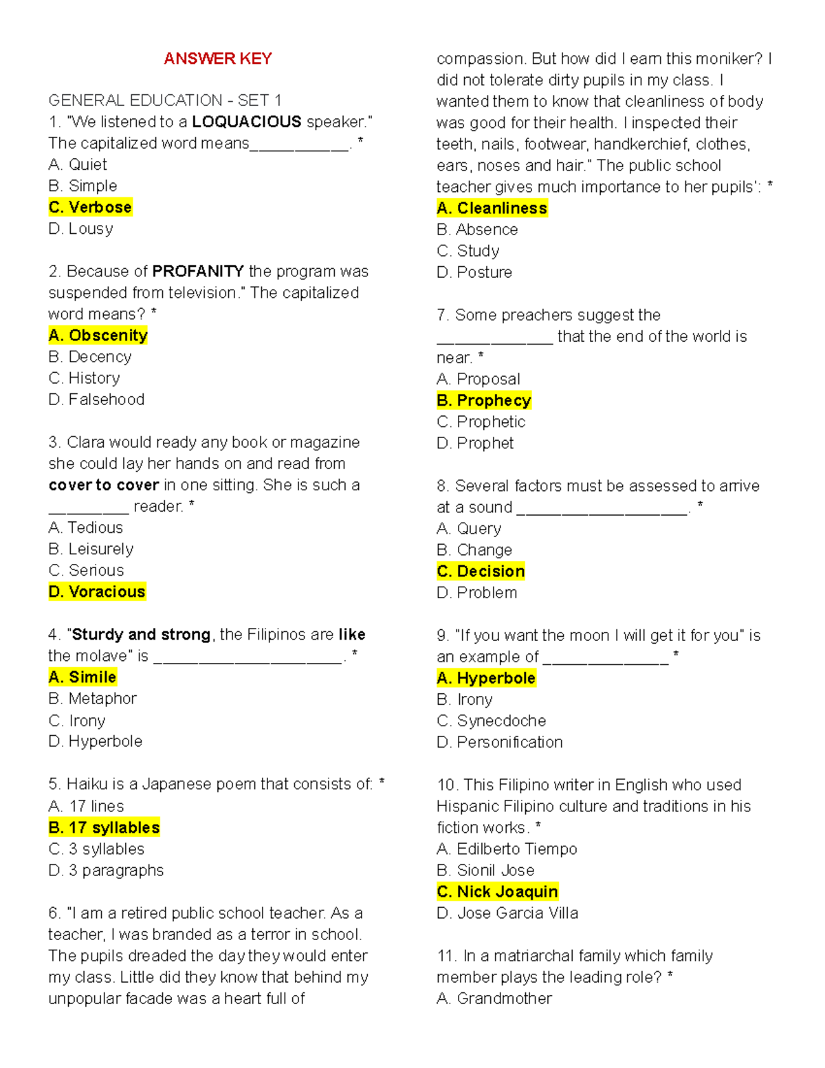 TOP 1 LET GEN ED PROF ED - LET Reviewer. Hope it can help! - ANSWER KEY GENERAL EDUCATION - SET ...