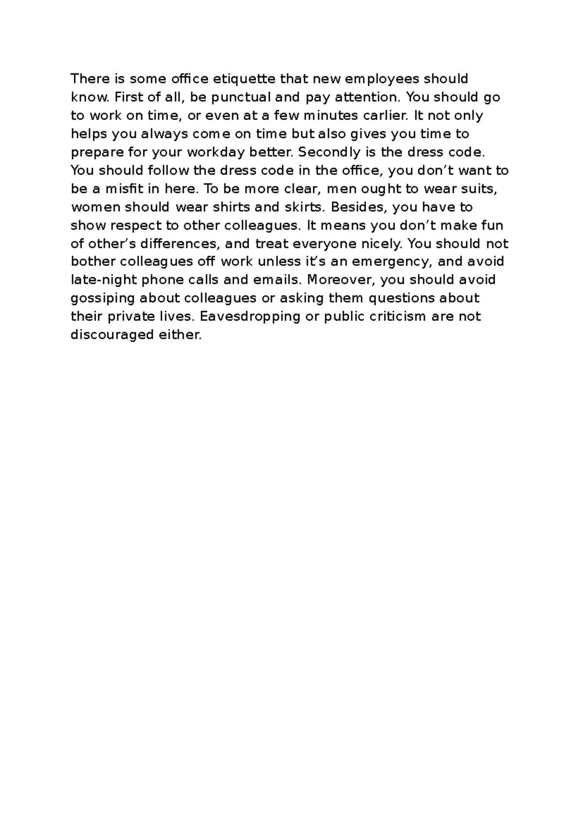 Unit 4 - Speakinh - There is some office etiquette that new employees ...