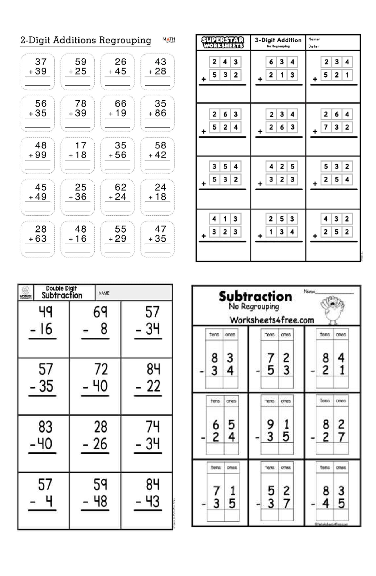 MATH 101: Addition & Subtraction Worksheets - No Regrouping - Studocu