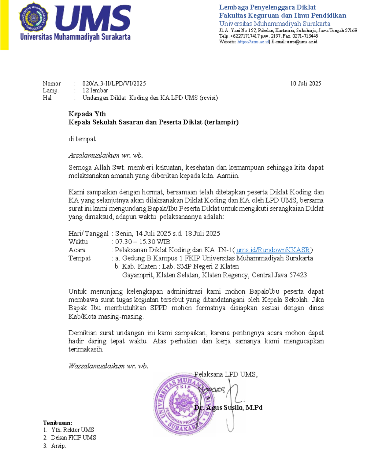 Surat Undangan Diklat Koding dan KA LPD UMS 2025 - Studocu