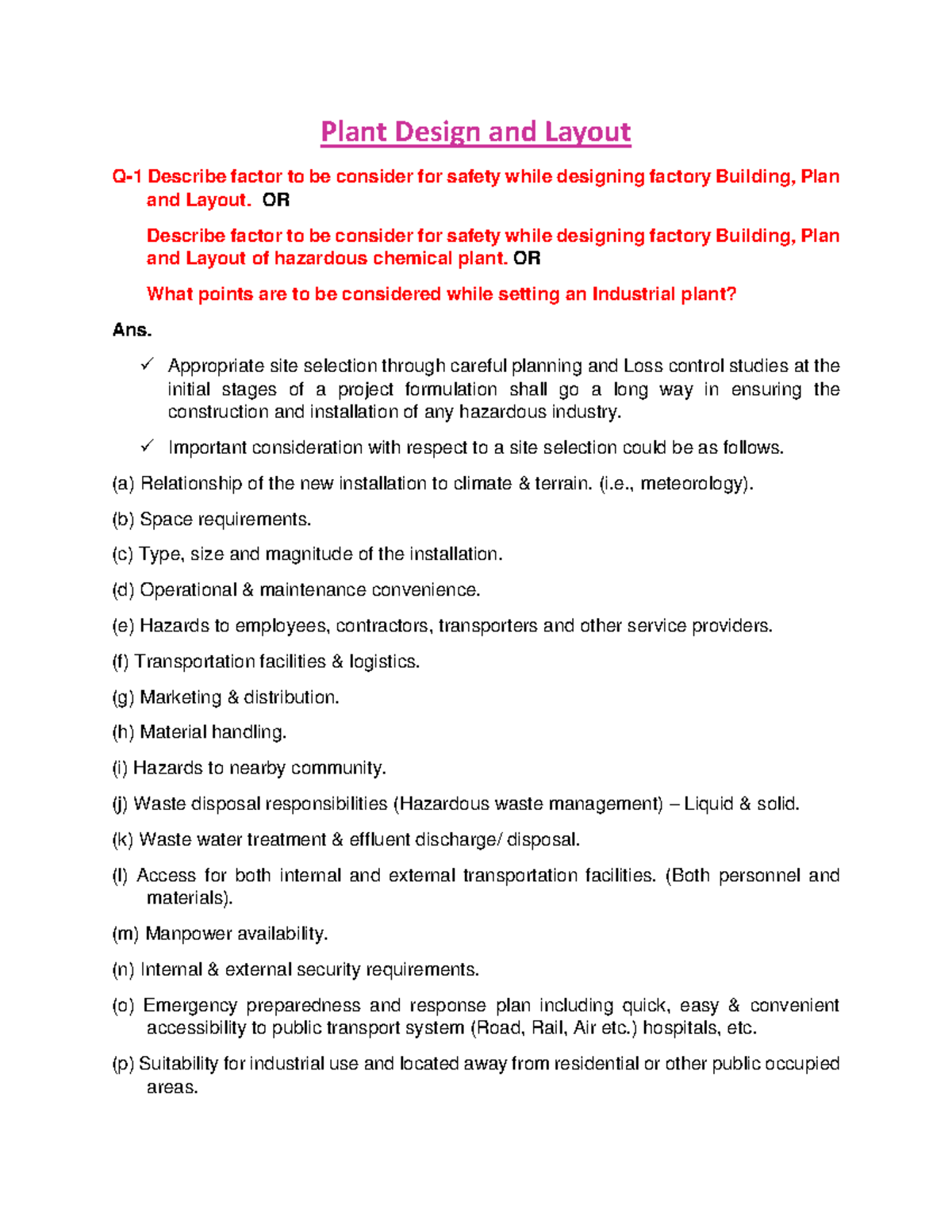 PDIS 102 - Safety Considerations in Plant Design and Layout - Studocu