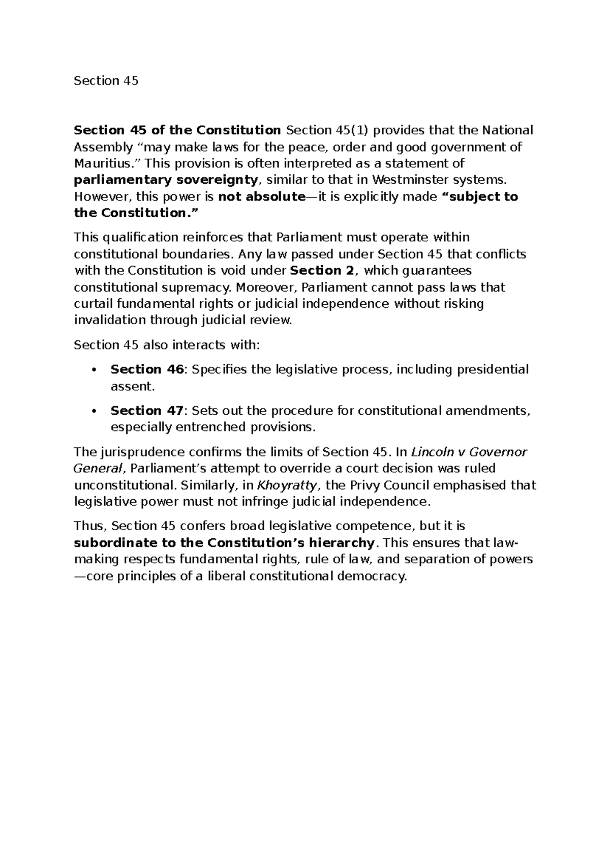 Constitutional Law Overview: Section 45 Analysis and Implications - Studocu