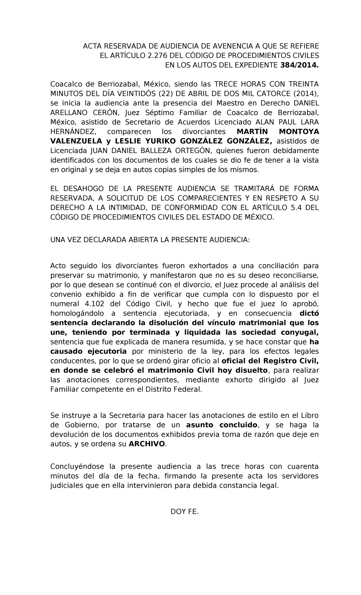 306749094 Audiencia de Avenencia Voluntario Reservada - ACTA RESERVADA ...