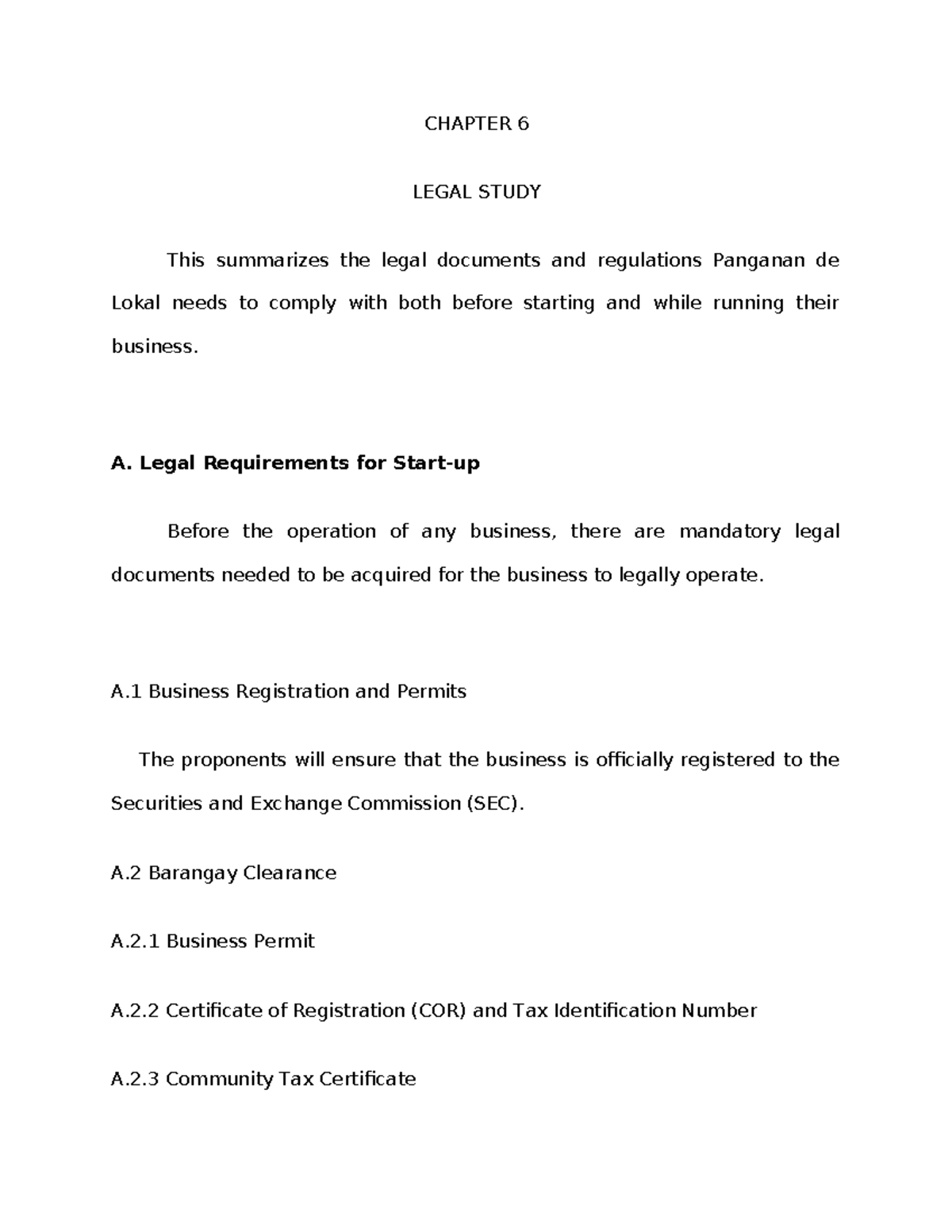 Chapter 6 & 7 - Feasibility Study - CHAPTER 6 LEGAL STUDY This ...