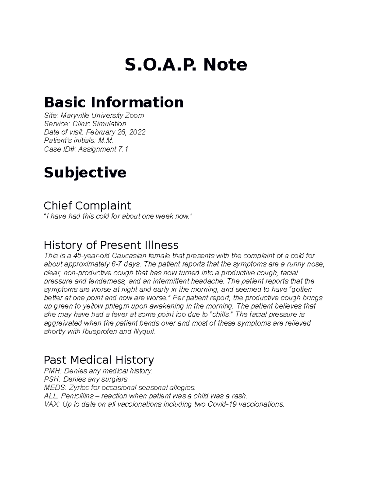 Clinic Sim SOAP Note 7.1 - Patient Case Study & Assessment - Studocu