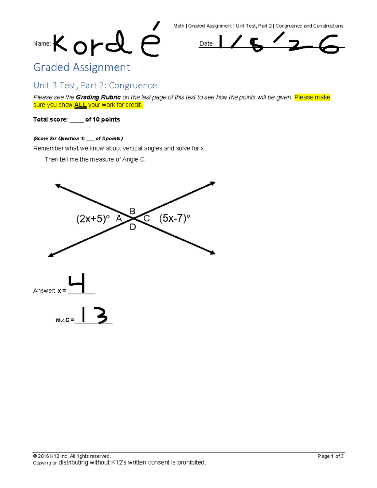Geo A Unit 3 Test Part 2: Congruence & Constructions - Studocu