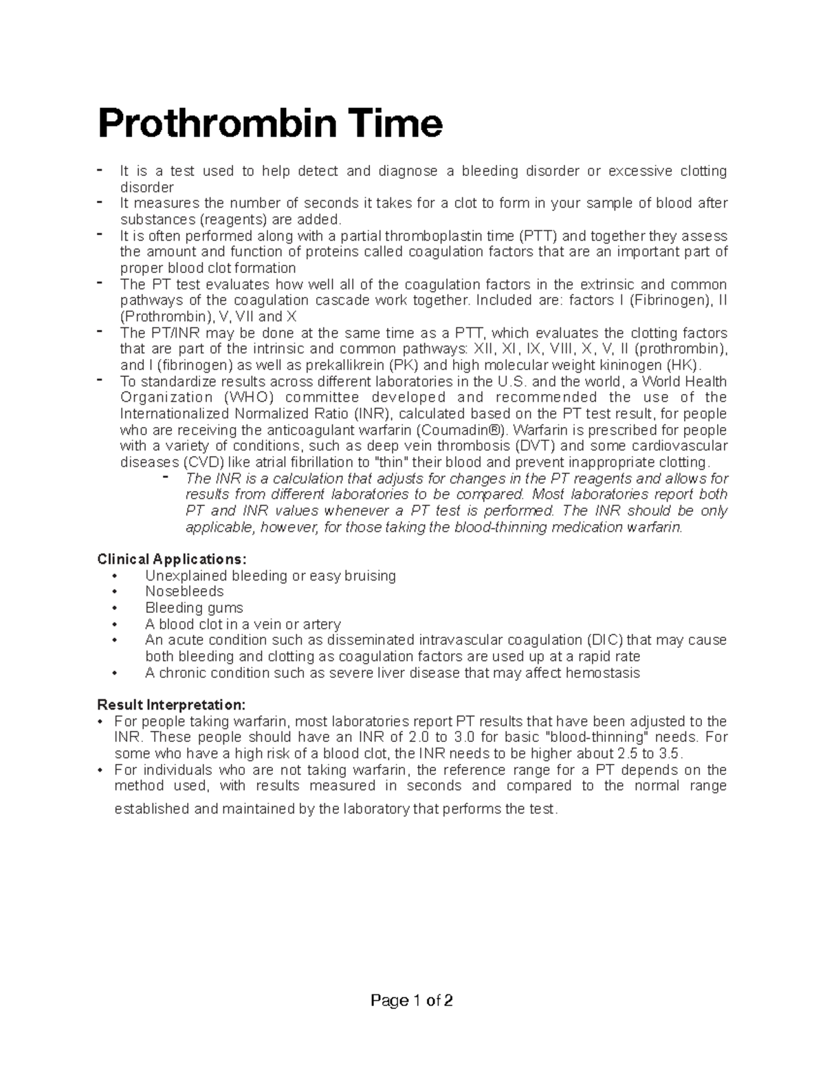 Prothrombin Time - Lecture notes 1 - Medical laboratory scientist - Studocu