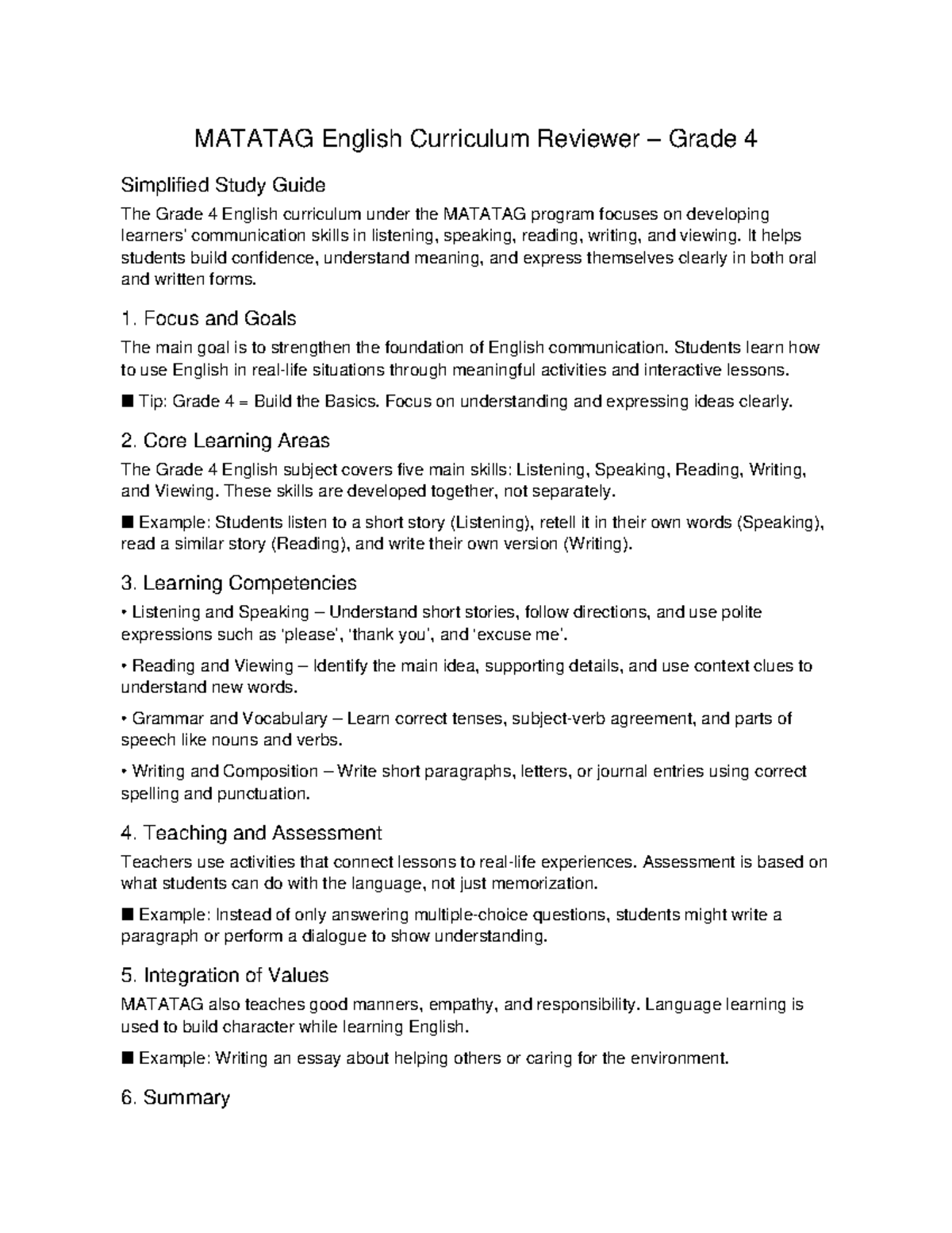 MATATAG English Curriculum Reviewer: Grade 4 Study Guide - Studocu