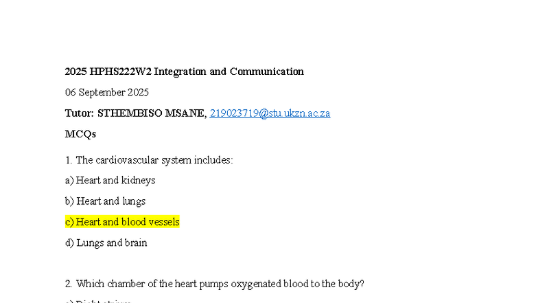Hphs 222 Tut 1 - Cardiovascular System MCQs and Short Answers - Studocu