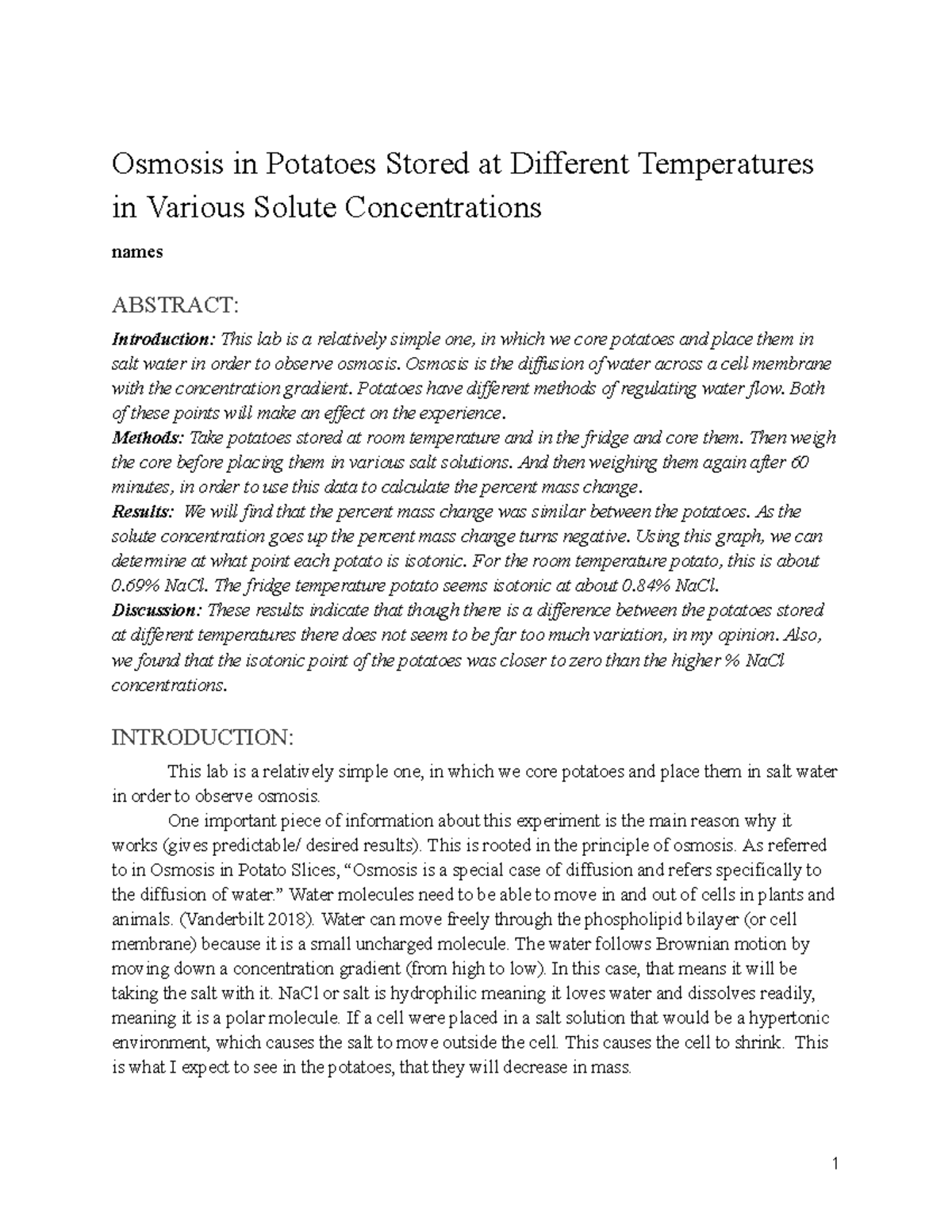 Potato Osmosis Lab Report (Biology 101) - Effects of Storage ...