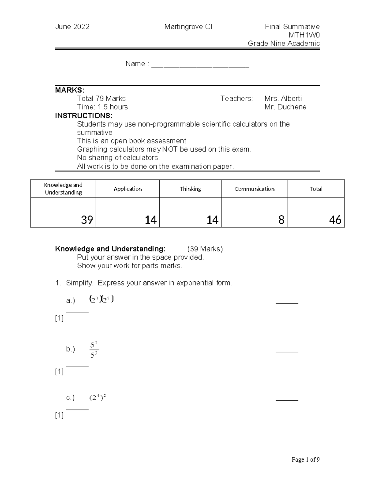 MPM1P Final Summative - 2022 - MTH1W Grade Nine Academic Name ...