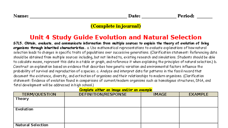 S7l5 Unit 4 Evolution Natural Selection Study Guide 2025 Studocu