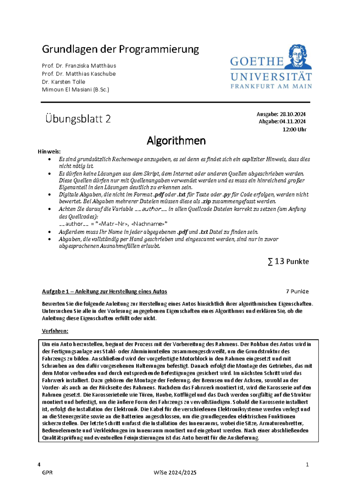 GPR blatt 2 - 1 GPR WiSe 2024 /202 5 4 Grundlagen der Programmierung ...
