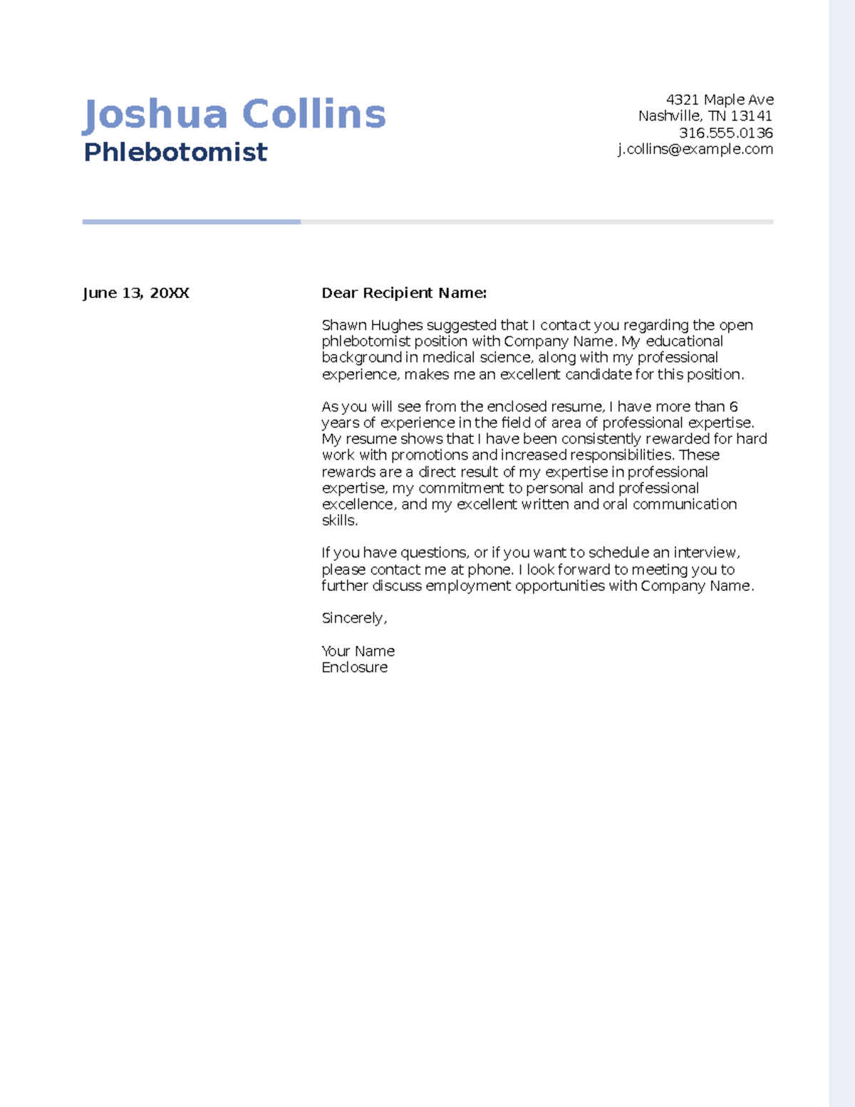 Resume cover letter when referred - Joshua Collins Phlebotomist 4321 ...