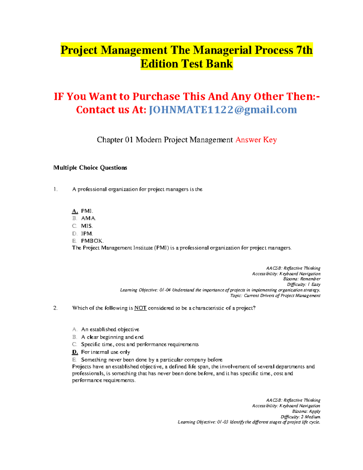 Project Management - Managerial Process 7th Ed. Test Bank Answers - Studocu