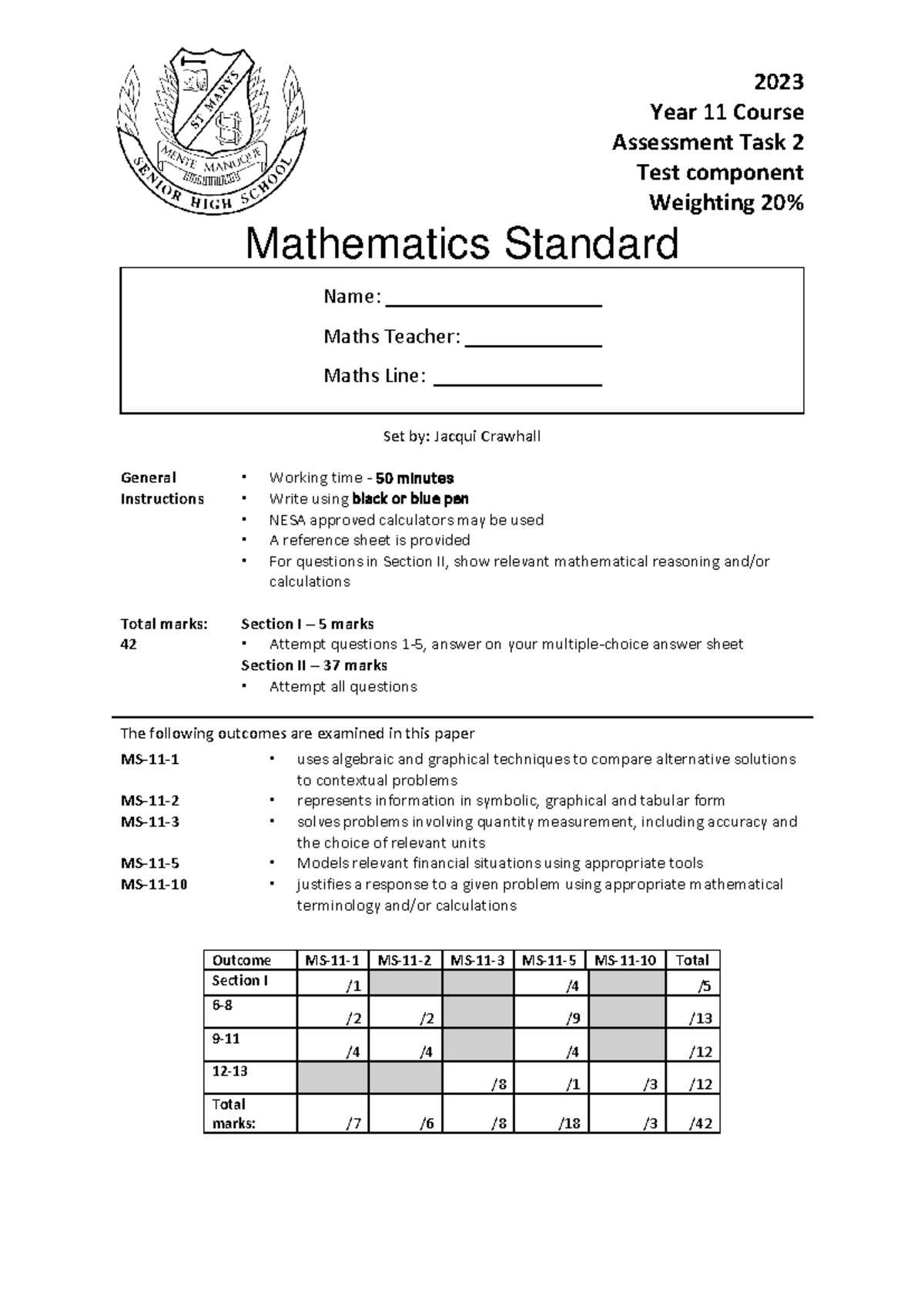 2023 Year 11 Mathematics Standard Assessment 2 Test - Studocu