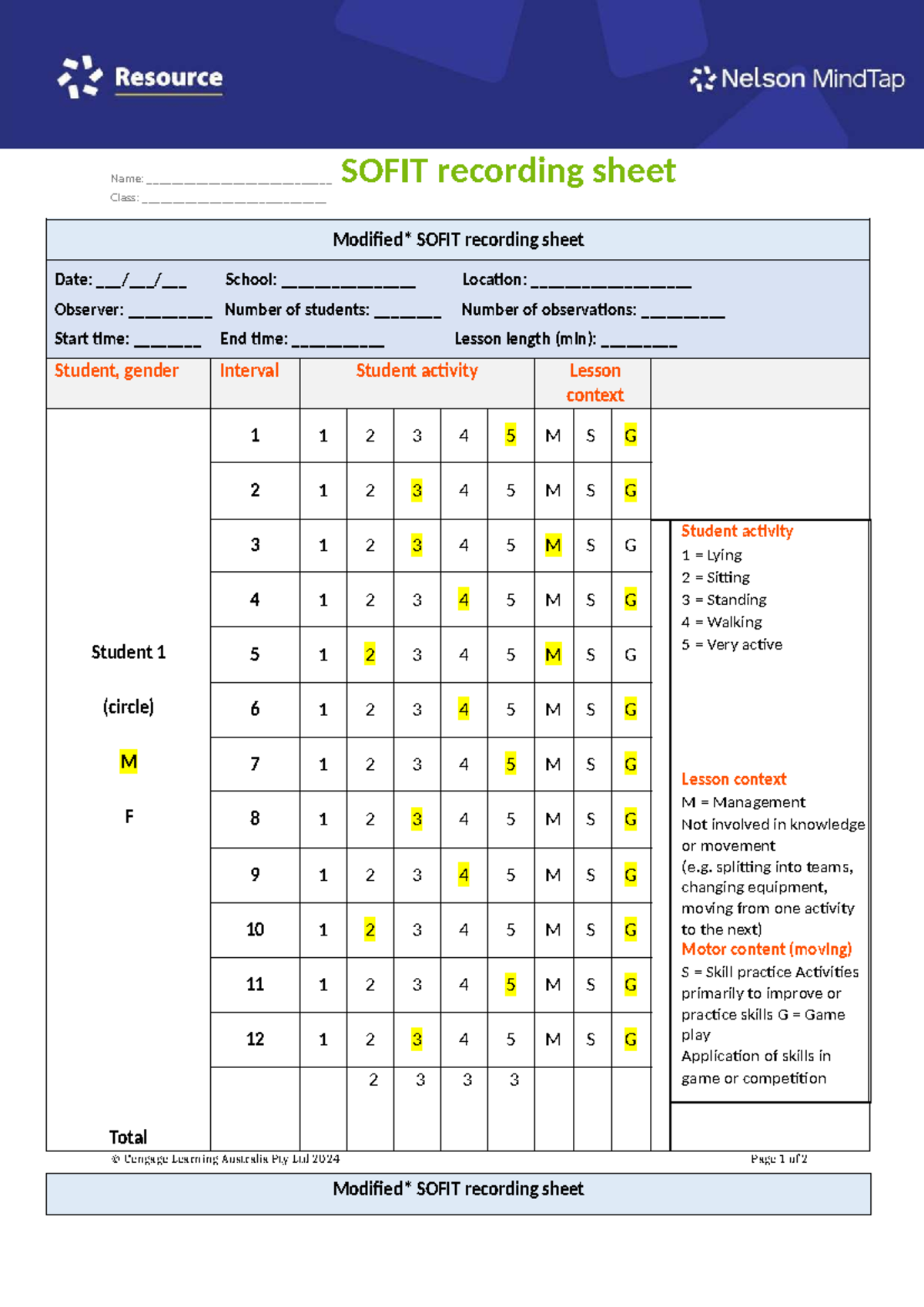 Ch10 SOFIT Recording Sheet for Lesson Observations - Studocu