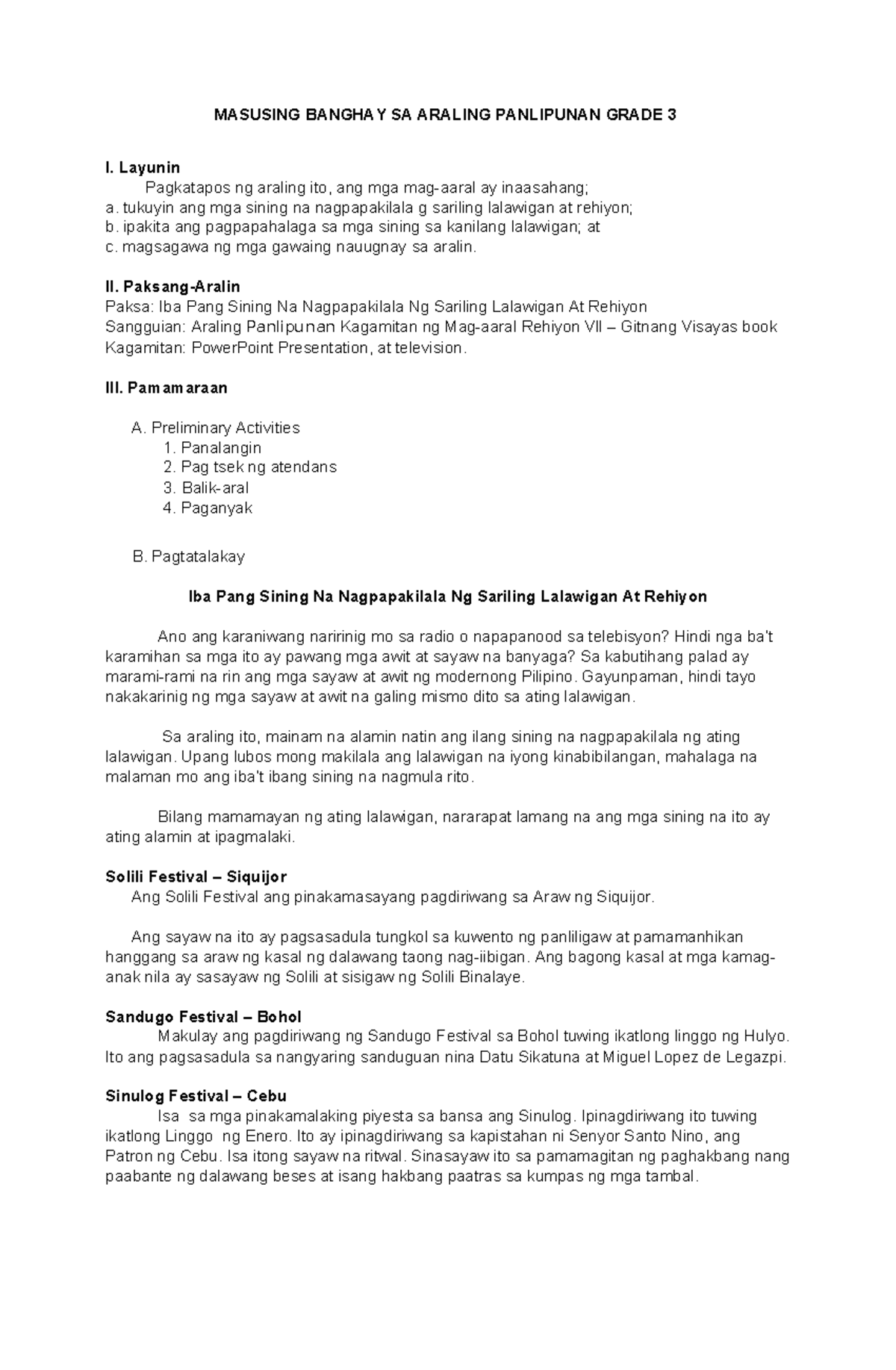 AP-Q4 (Aralin 27) - Lesson Plan on Arts of Local Provinces - Studocu