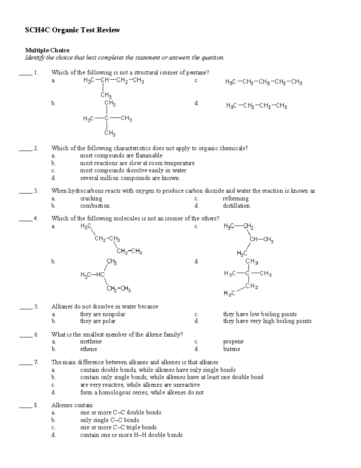 SCH4C Organic Chemistry Test Review and Answer Key - Studocu