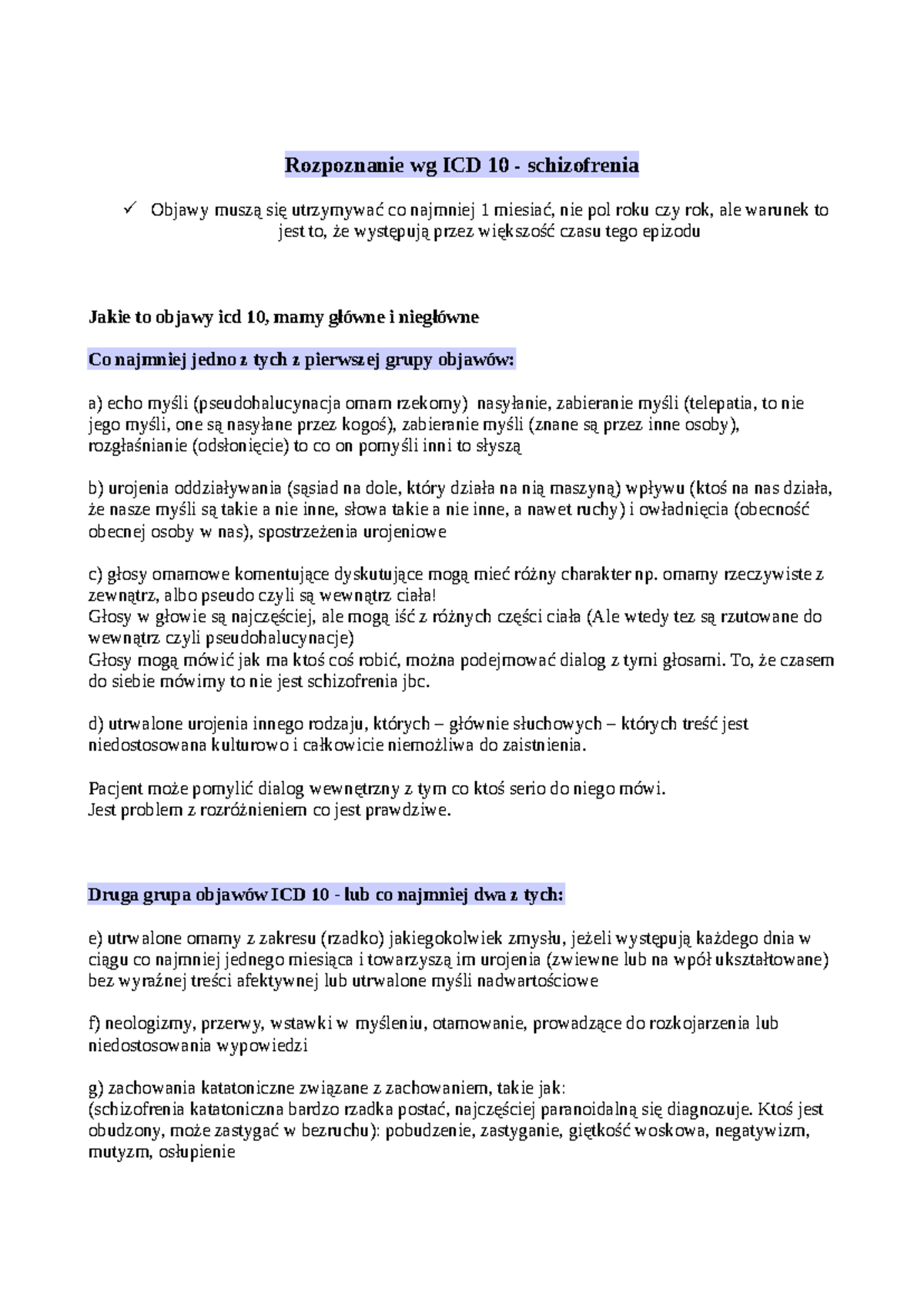 ICD 10: Rozpoznanie i Objawy Schizofrenii w Psychopatologii - Studocu