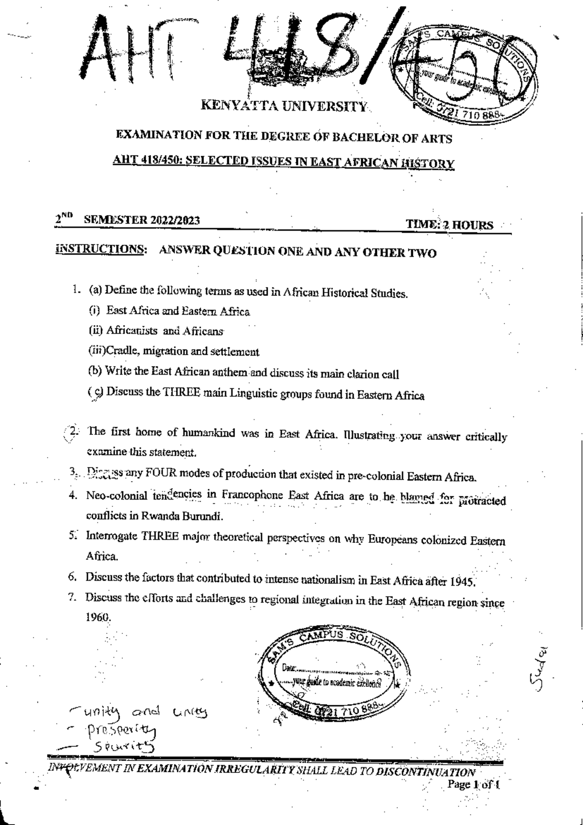 AHT 418: Selected Issues in East African History - Exam Questions and ...