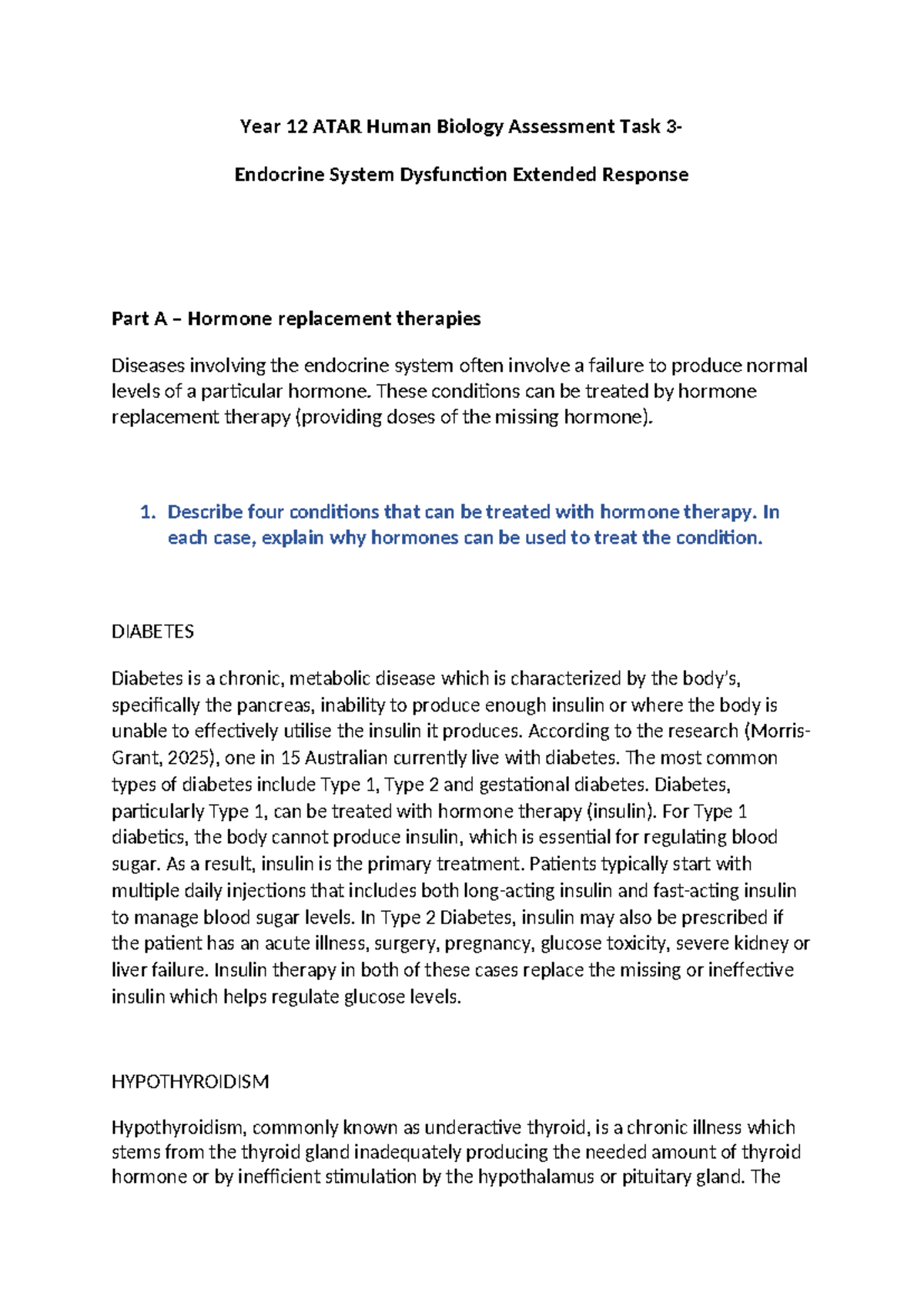 Year 12 ATAR Human Biology Assessment Task 3: Hormone Replacement ...