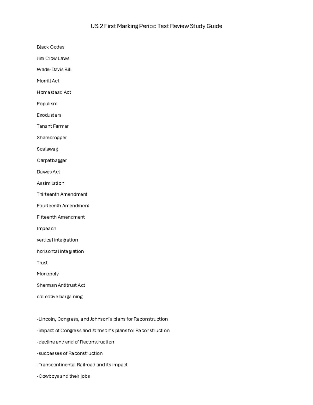 US 2 First Marking Period Test Review: Key Concepts & Terms - Studocu