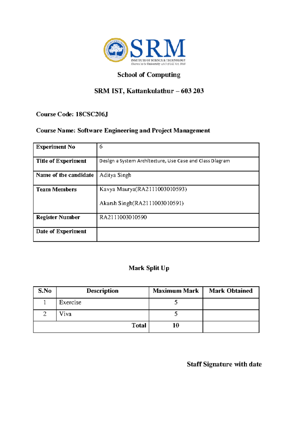 18CSC206J SEPM Ex 6 - mmmmmmmm - School of Computing SRM IST, Kattankulathur – 603 203 Course ...