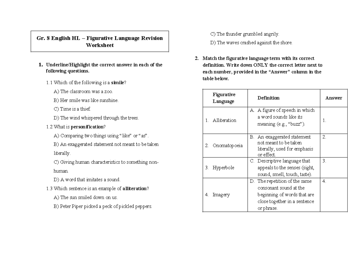 Gr. 8 English HL – Figurative Language Revision Worksheet - Studocu