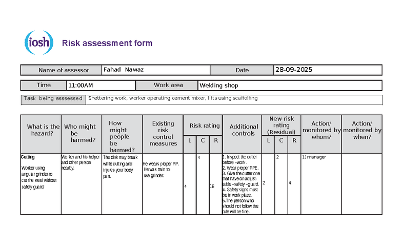 IOSH Risk Assessment Form for Welding & Scaffolding Safety - Studocu
