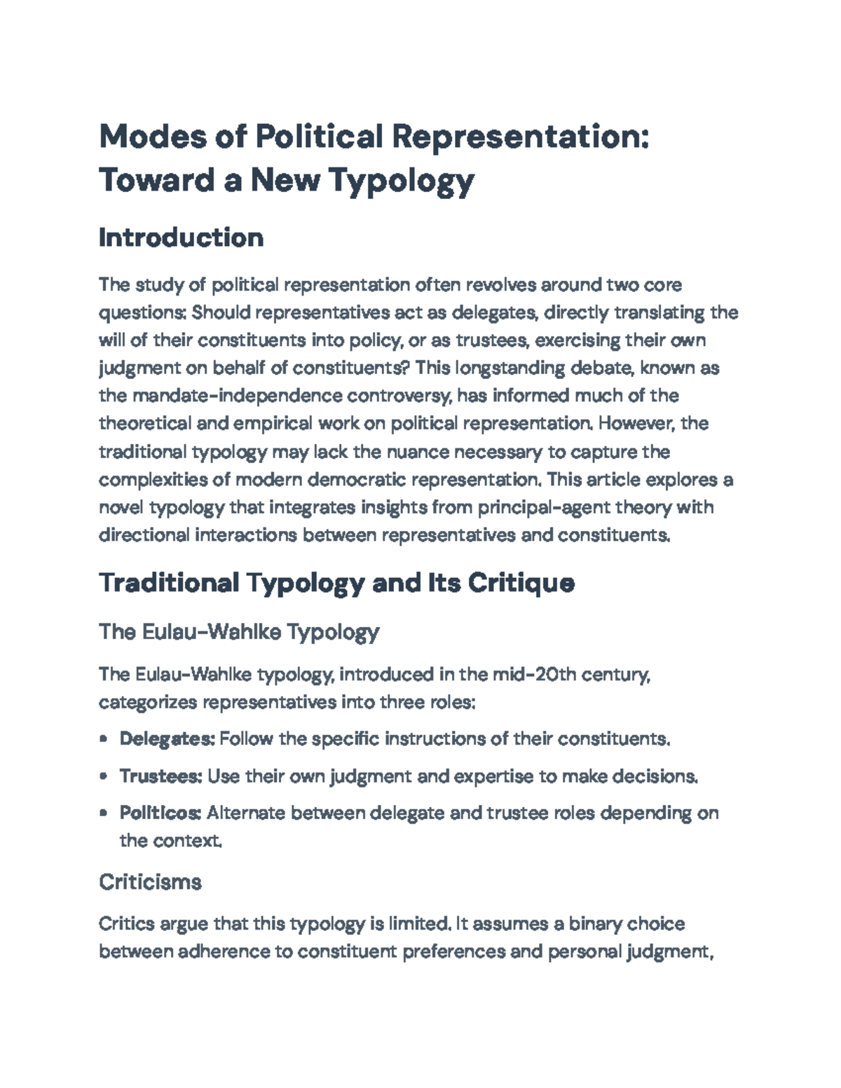 Modes of Political Representation: A New Typology for Political Science ...