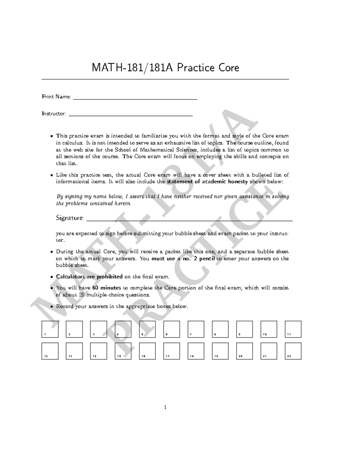 181-Practice Core - Practice Multiple Choice Final - MATH-181/A ...