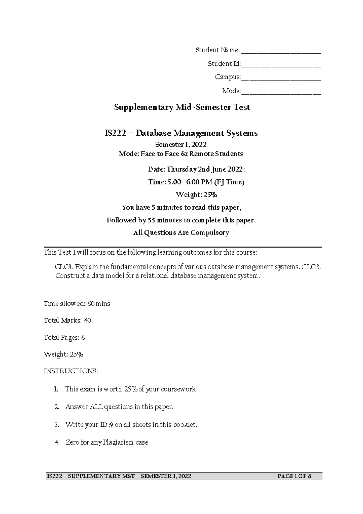 Supplementary Mid-Semester Test IS222 - Database Management Systems ...