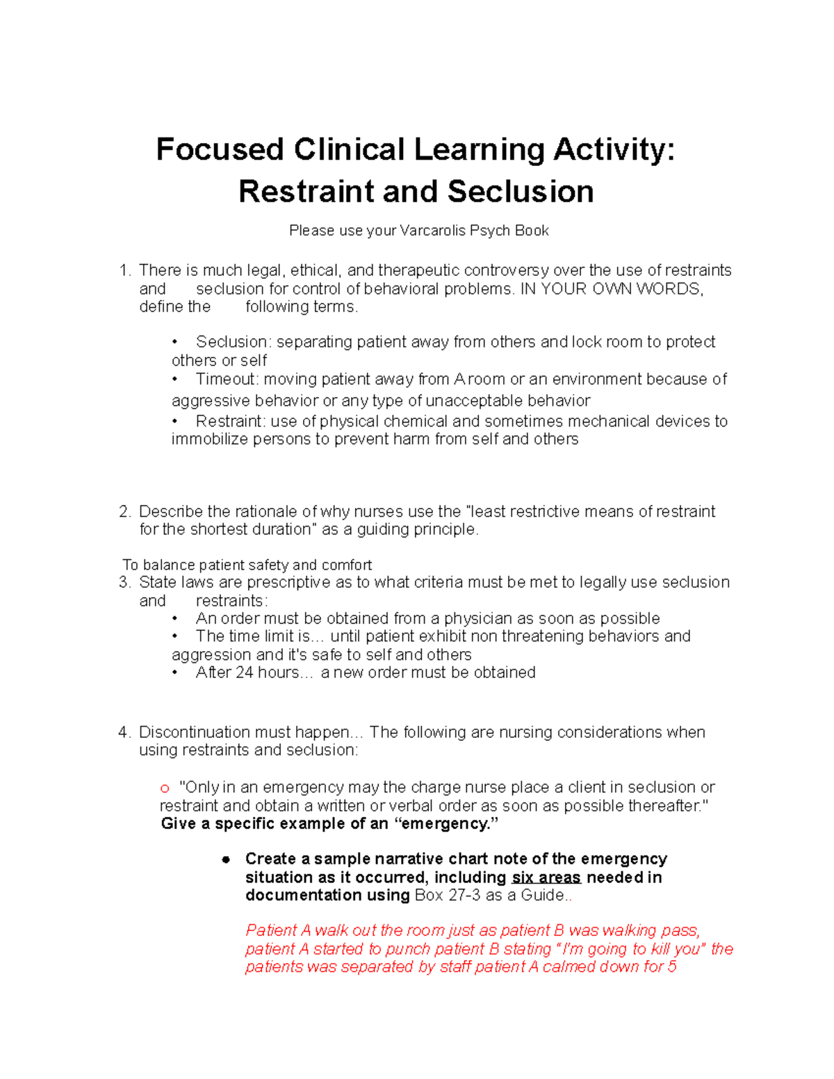 FCLA Restraints - psych - Focused Clinical Learning Activity: Restraint ...