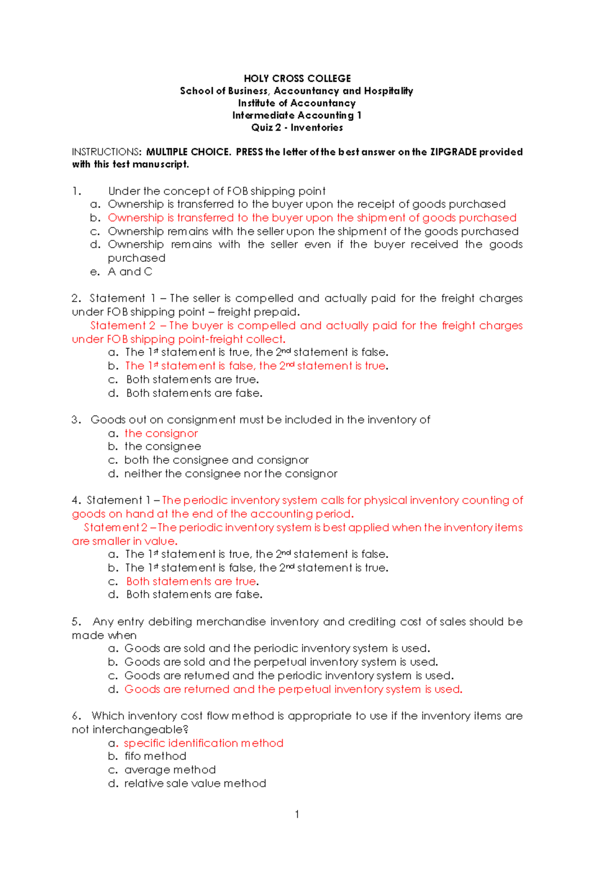 Intermediate Accounting 1 Inventories Quizzes With Solution Bs