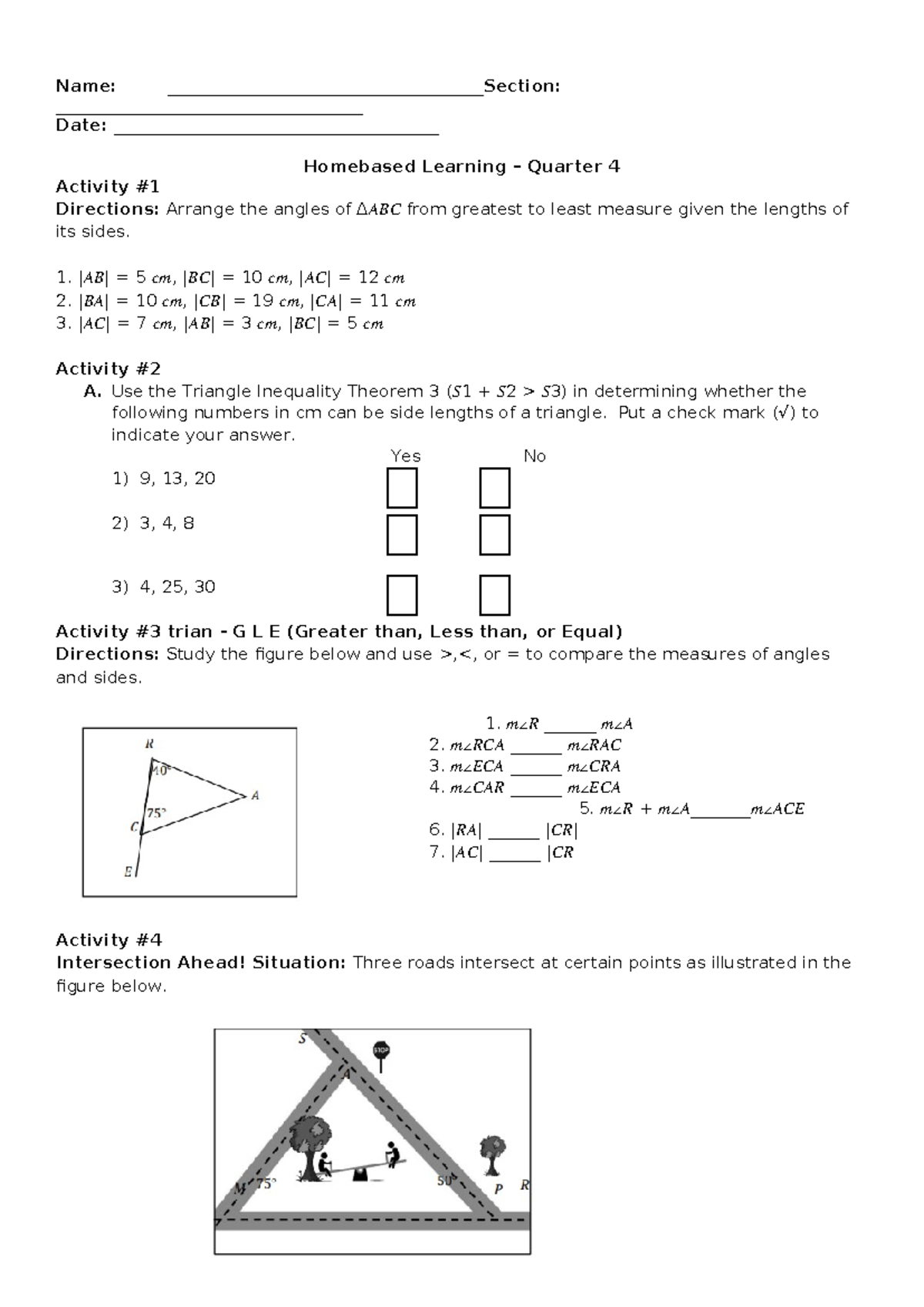 Q4 Activity 1-5 Homebased Learning: Angles and Triangle Inequality ...