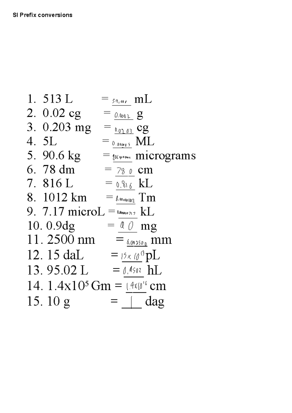 SI+prefix+conversions - SI Prefix conversions 1. 513 L = ___ mL 2. 0 cg = ___ g 3. 0 mg = ___ cg ...