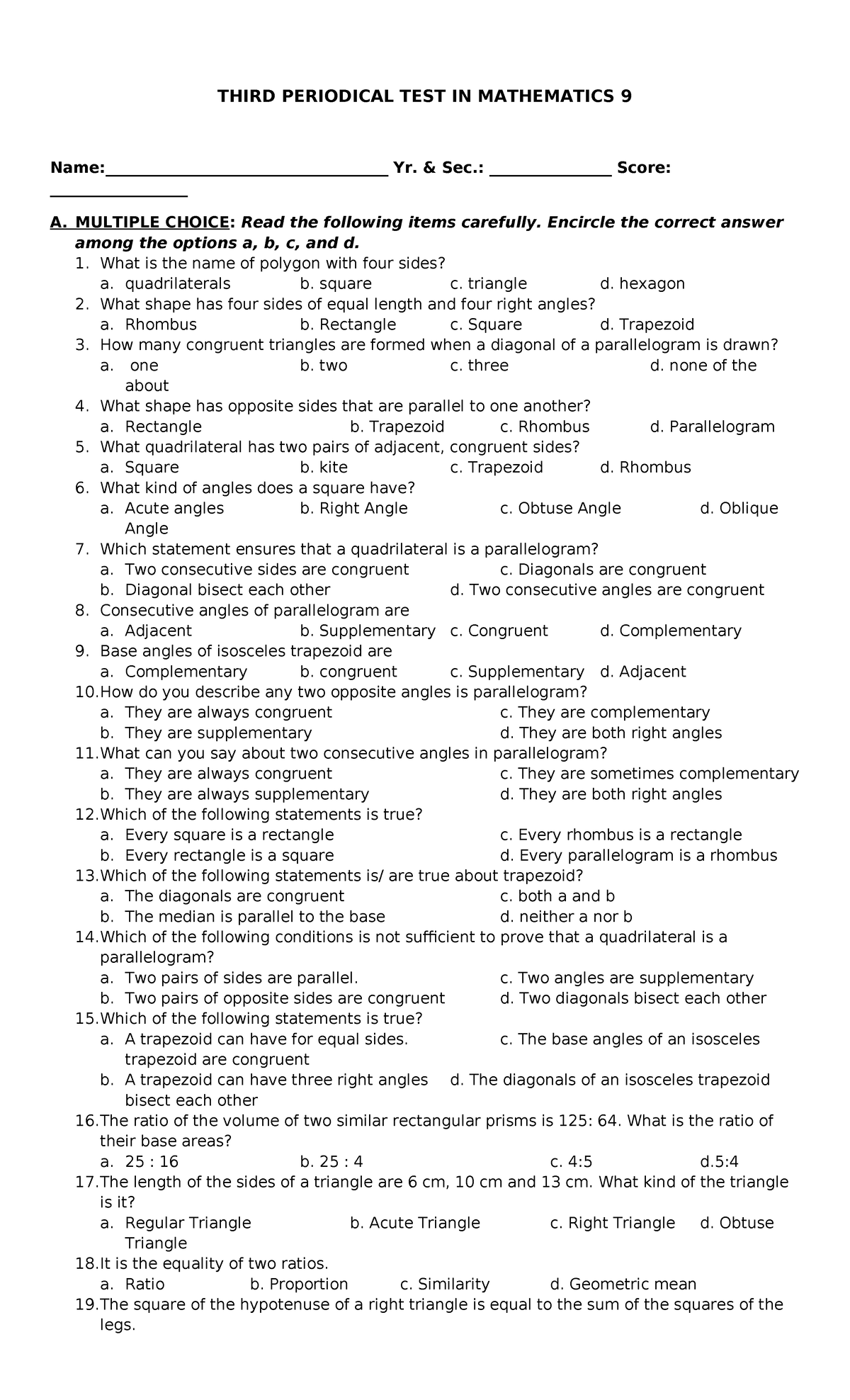 Third Periodical Test in math 9 - THIRD PERIODICAL TEST IN MATHEMATICS ...