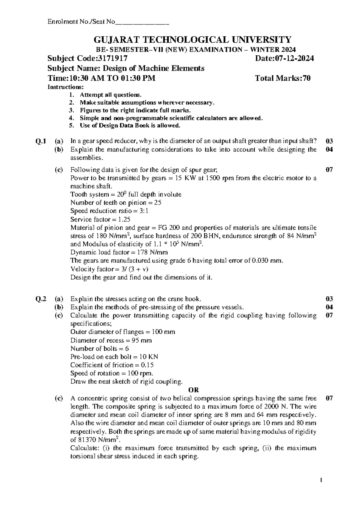 3171917 - Design of Machine Elements Winter 2024 Exam Paper - Studocu