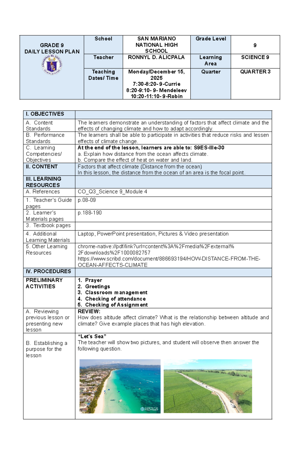 Distance from the Ocean: Grade 9 Science Lesson Plan (Q3) - Studocu
