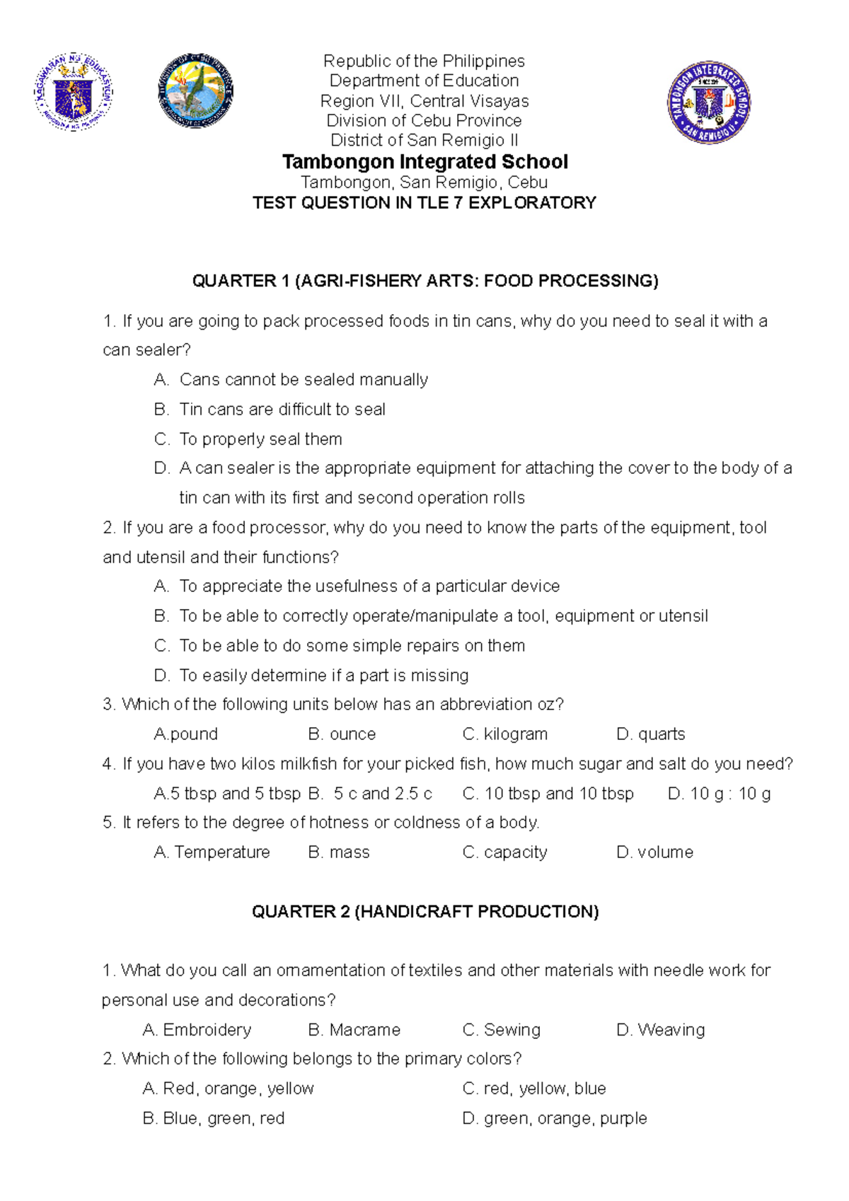 Grade 7 TLE Exploratory Test Questions for All Quarters - Studocu
