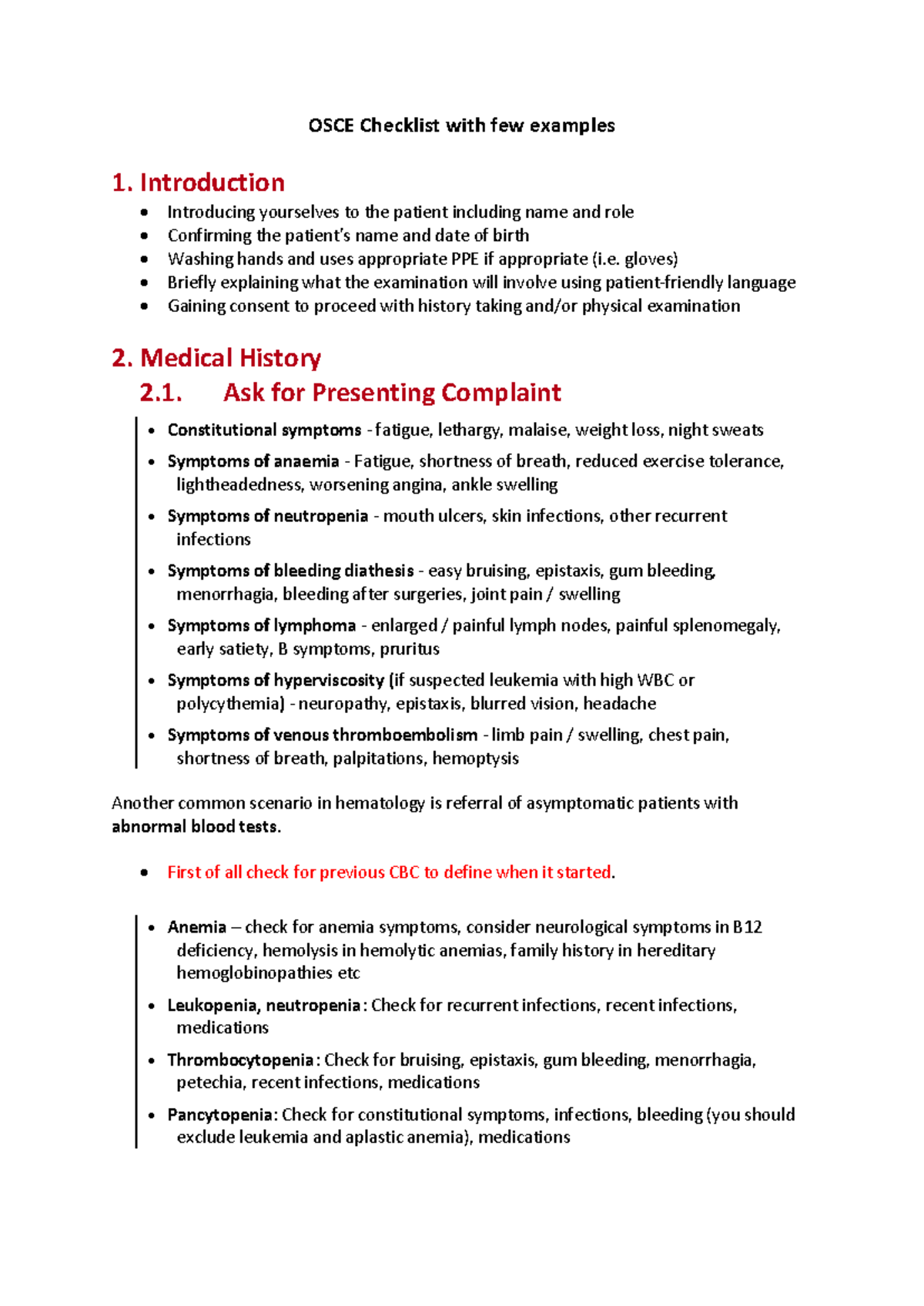 Hematology OSPE Checklist: Key Points and Examples for Practice - Studocu