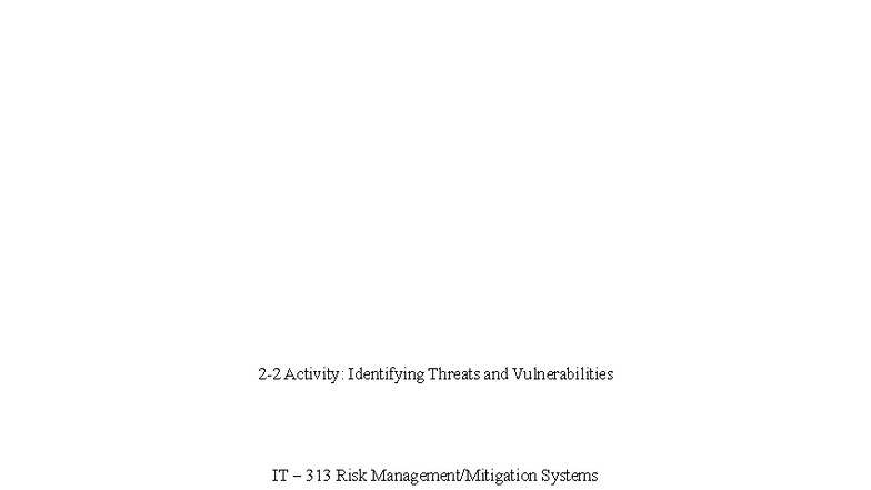 IT-313 Module 2 Activity: Threats & Vulnerabilities Analysis - Studocu
