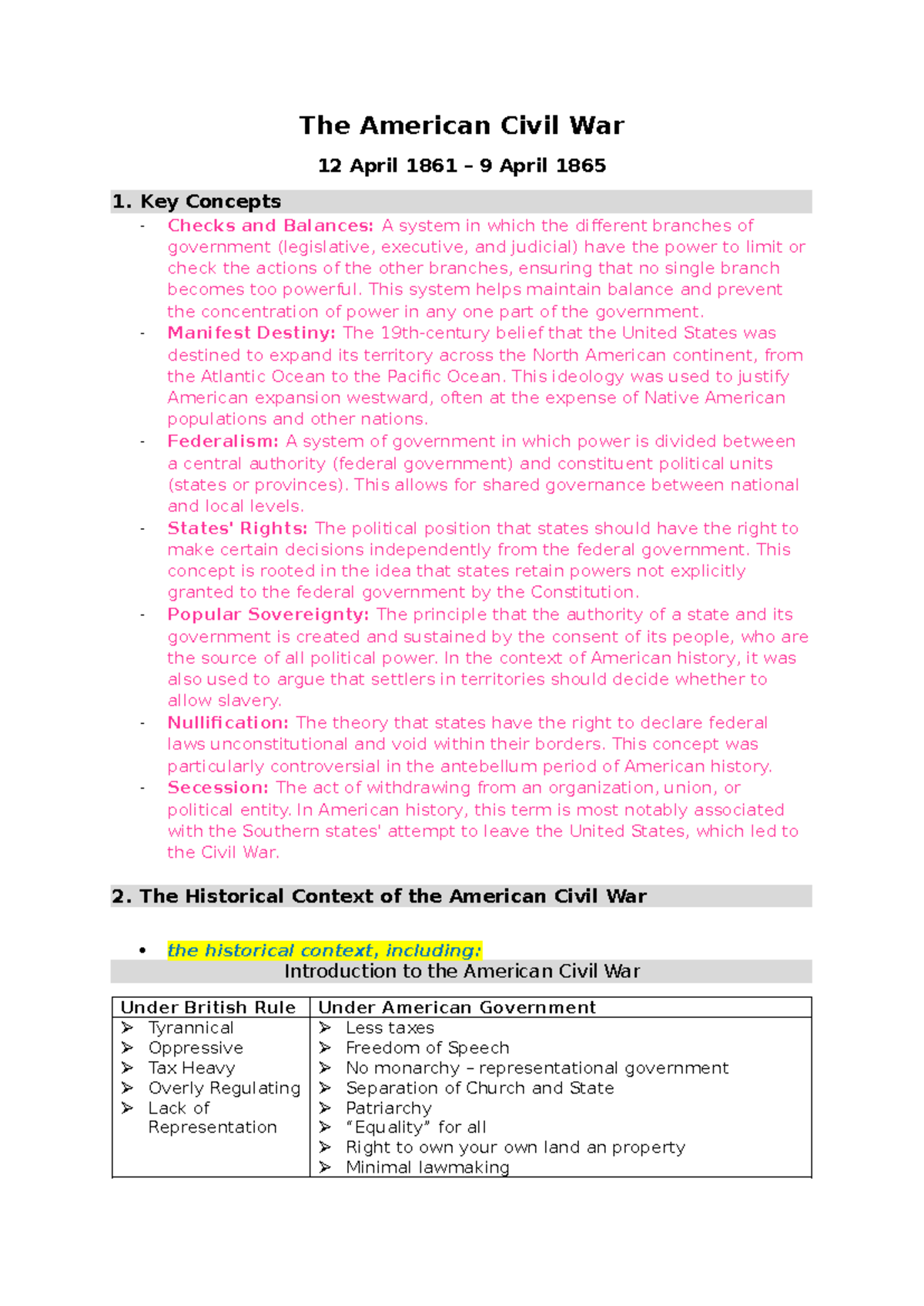 American Civil War Notes (HIST 101): Key Concepts and Historical ...