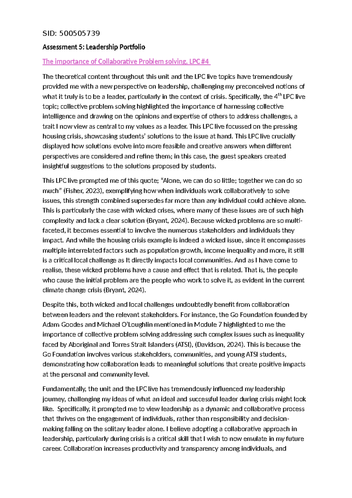 A5 500505730 OLES2210 Leadership Portfolio: Embracing Collaborative ...