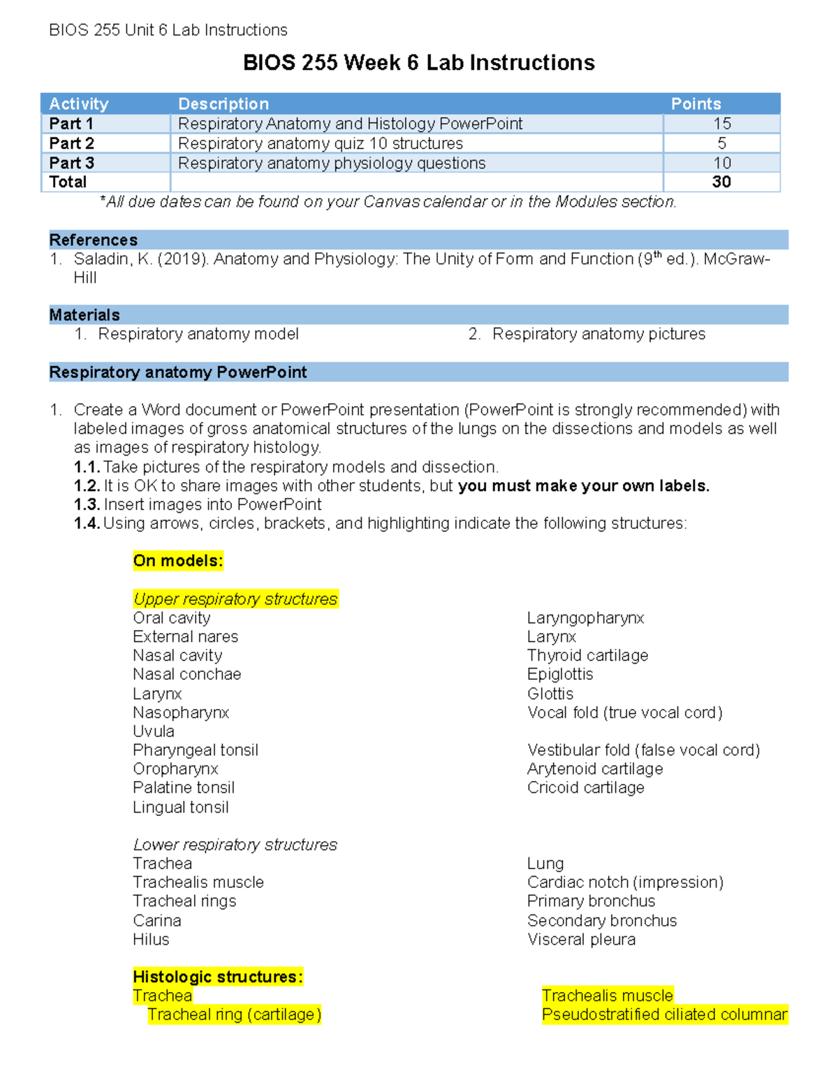 BIOS 255 Week 6 Lab Instructions: Respiratory Anatomy & Histology - Studocu